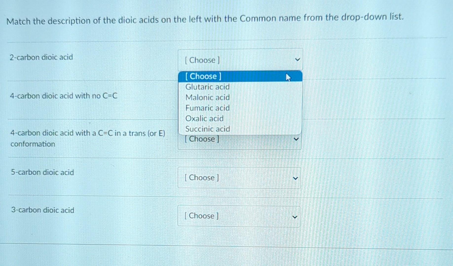 Solved Match the description of the dioic acids on the left | Chegg.com