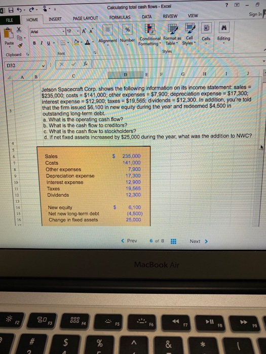 Solved Calculating total cash flows - Excel FORMULAS DATA | Chegg.com