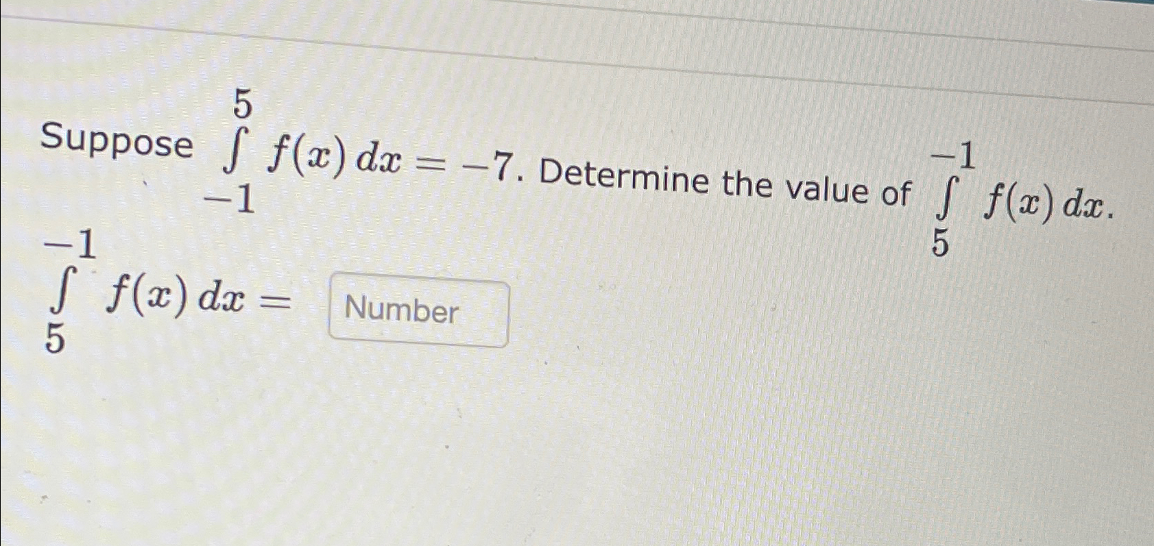 Solved Suppose ∫-15f(x)dx=-7. ﻿Determine the value of | Chegg.com