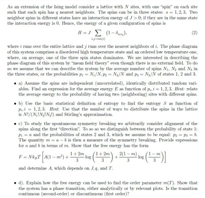 Solved As an extension of the Ising model consider a lattice | Chegg.com