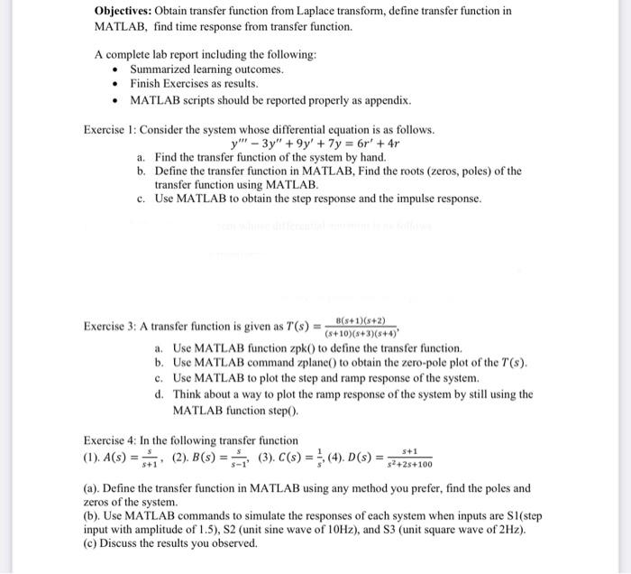 Solved Objectives Obtain Transfer Function From Laplace 