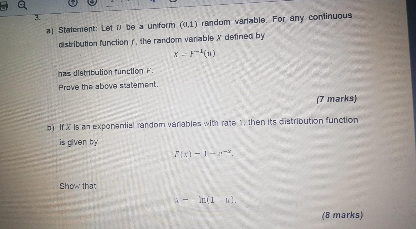 Solved 3. a) Statement: Let u be a uniform (0,1) random | Chegg.com