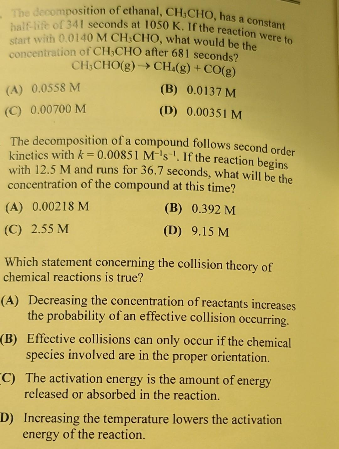 Solved The decomposition of ethanal, \\( \\mathrm{CH}_{3} | Chegg.com