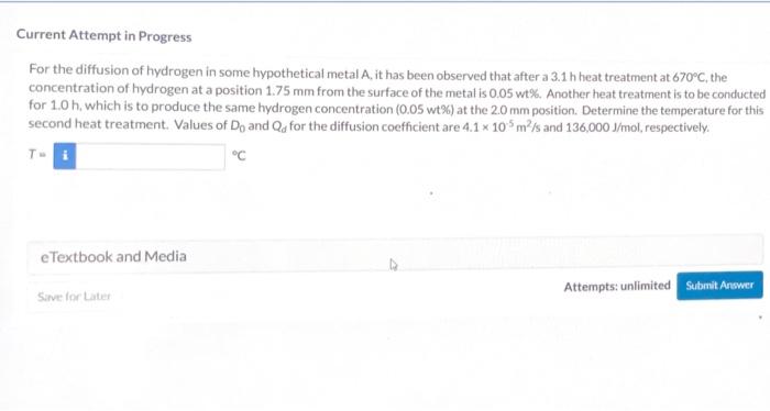 Solved For the diffusion of hydrogen in some hypothetical | Chegg.com