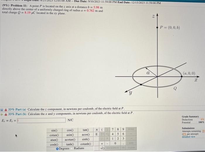 Solved (9%) Problem 11: A point P is located on the z axis | Chegg.com