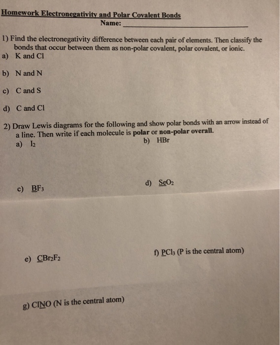 Solved Homework Electronegativity and Polar Covalent Bonds | Chegg.com