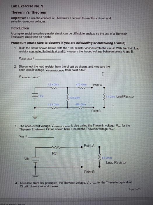 Solved Lab Exercise No. 9 Thevenin's Theorem Objective: To | Chegg.com