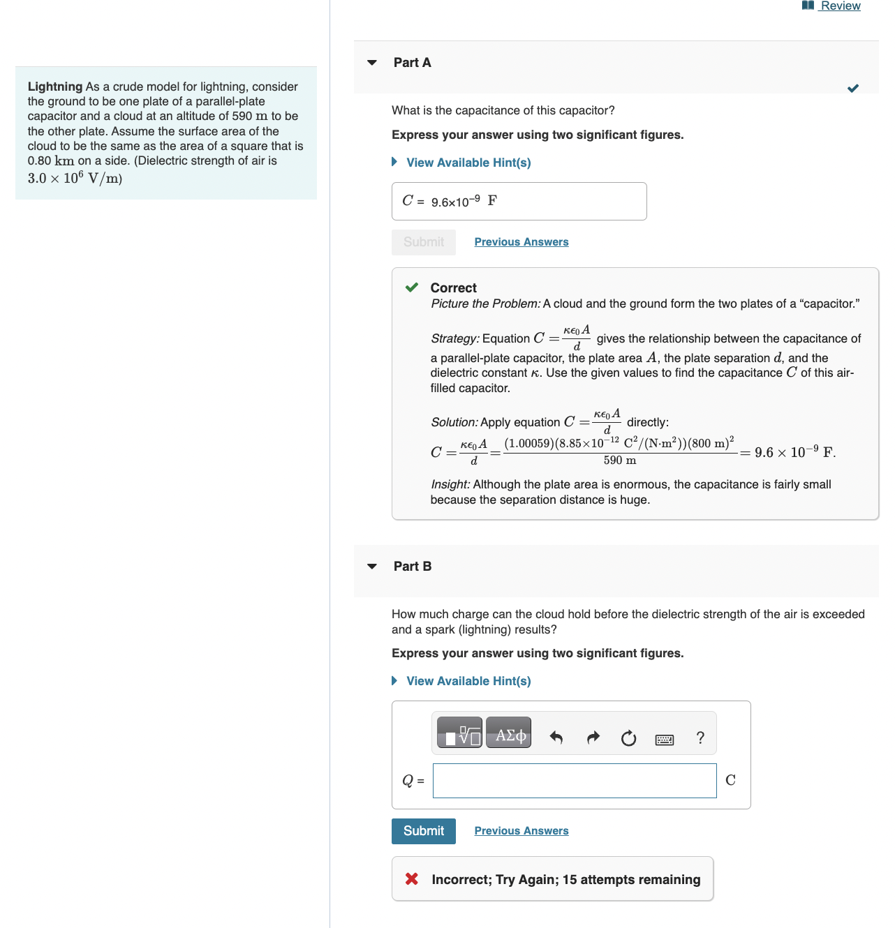 Solved Part ALightning As a crude model for lightning, | Chegg.com