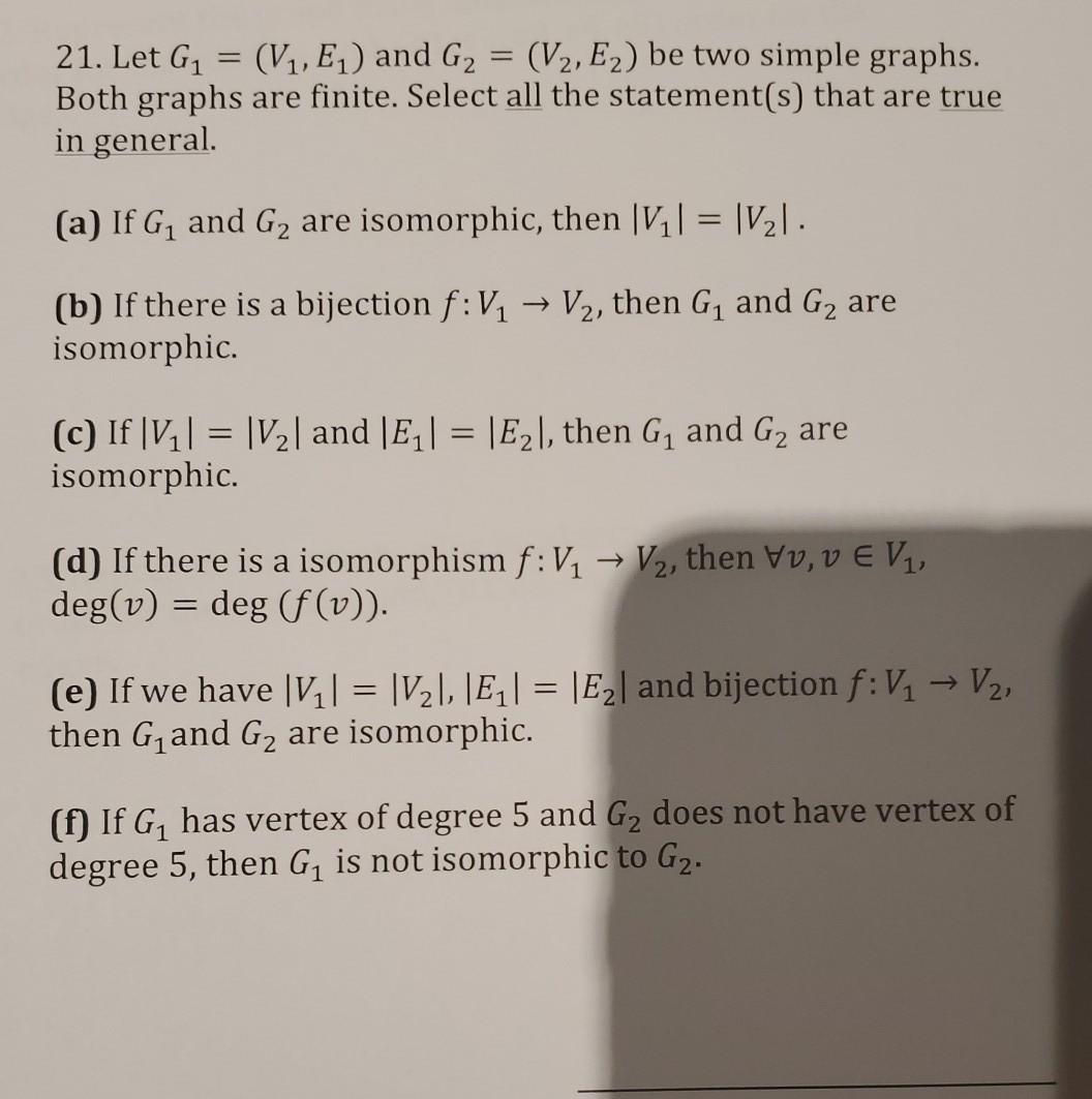 Solved 21. Let G1 (V1, E1) and G2 = (V2, E2) be two simple | Chegg.com