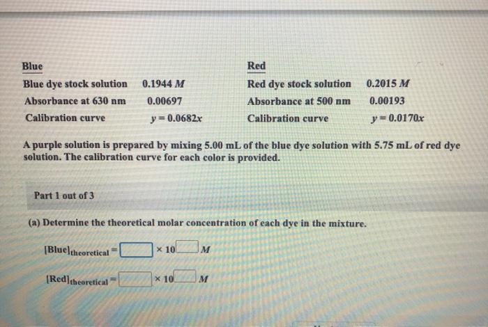 Solved Blue Red Blue dye stock solution Absorbance at 630 nm | Chegg.com