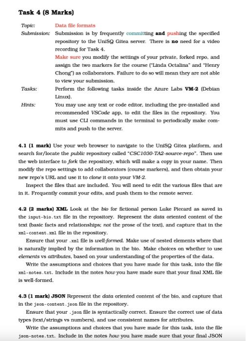 Solved Task 4 (8 Marks) Topic: Data file formats | Chegg.com