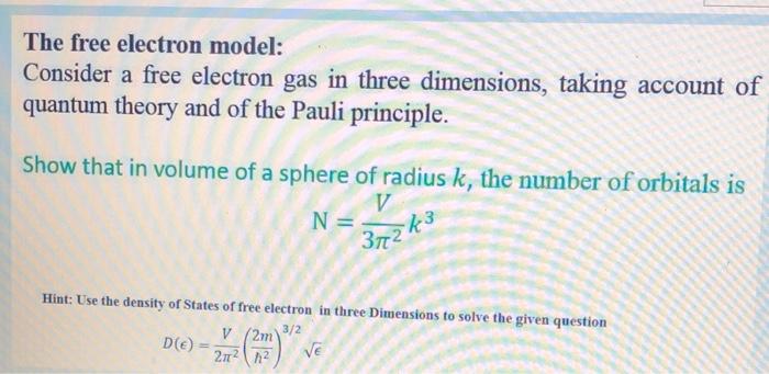 Solved The free electron model: Consider a free electron gas | Chegg.com