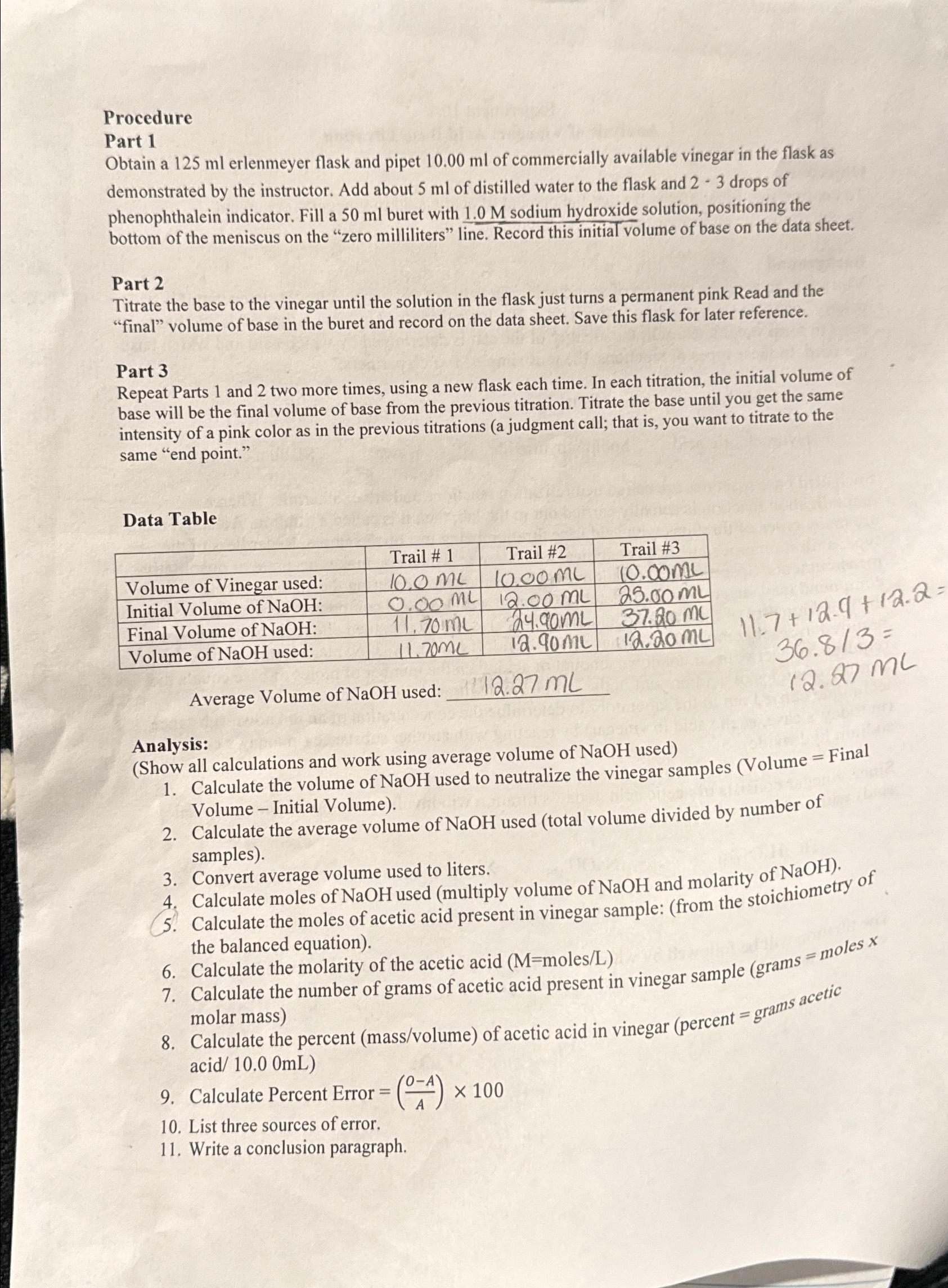 Solved ProcedurePart 1Obtain a 125ml ﻿erlenmeyer flask and | Chegg.com