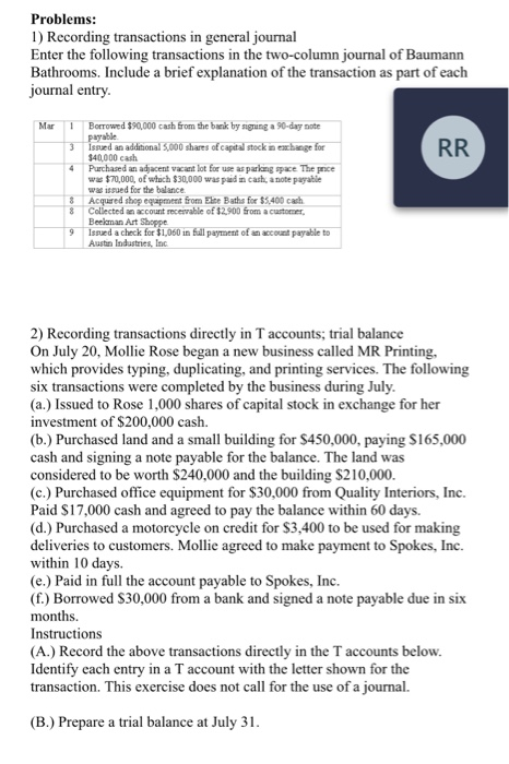 Solved Problems: 1) Recording transactions in general | Chegg.com