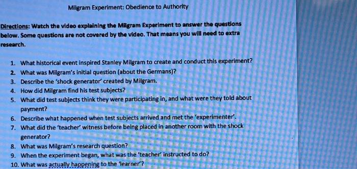 Solved Milgram Experiment: Obedience to Authority | Chegg.com