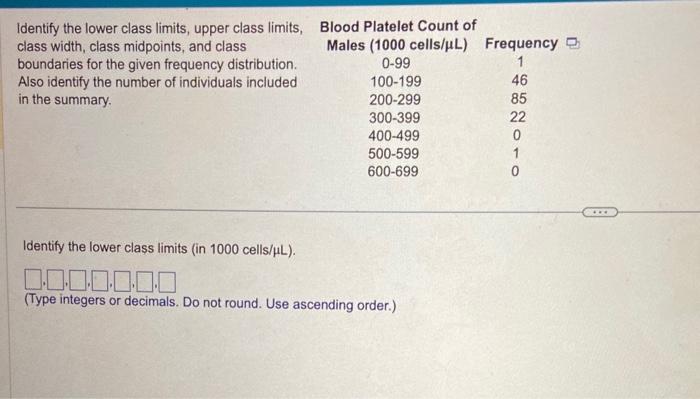 Solved Identify the lower class limits (in 1000 cells/ μL ). | Chegg.com