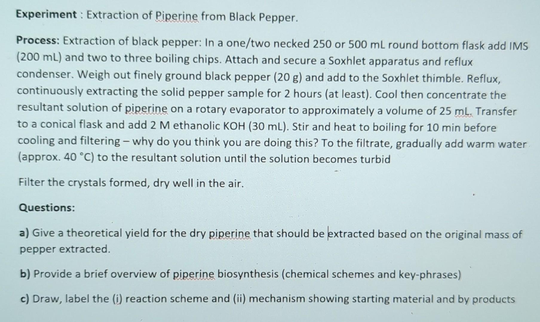 Solved N Piperine Experiment : Extraction of Piperine from | Chegg.com