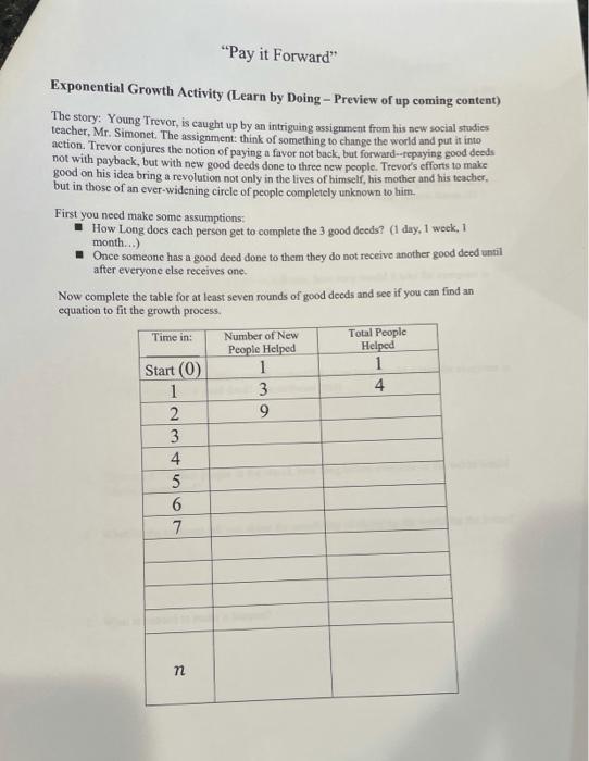 Solved “Pay it Forward" Exponential Growth Activity (Learn | Chegg.com