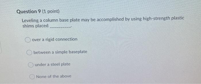 Solved Question 9 (1 point) Leveling a column base plate may | Chegg.com
