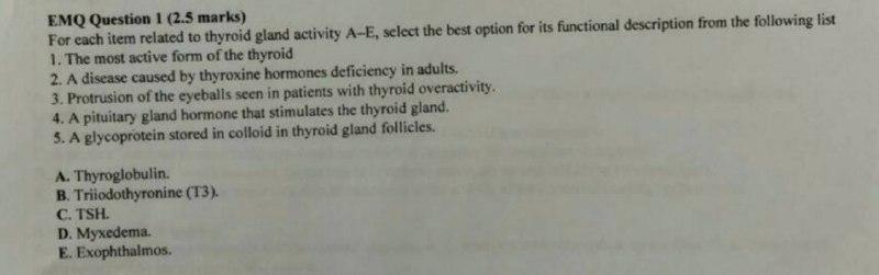Solved EMQ Question 1 (2.5 marks) For each item related to | Chegg.com