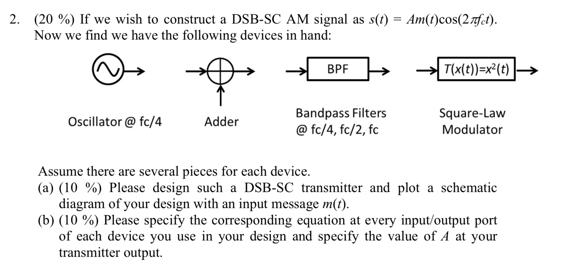 Solved (20%) ﻿If we wish to construct a DSB-SC AM signal as | Chegg.com