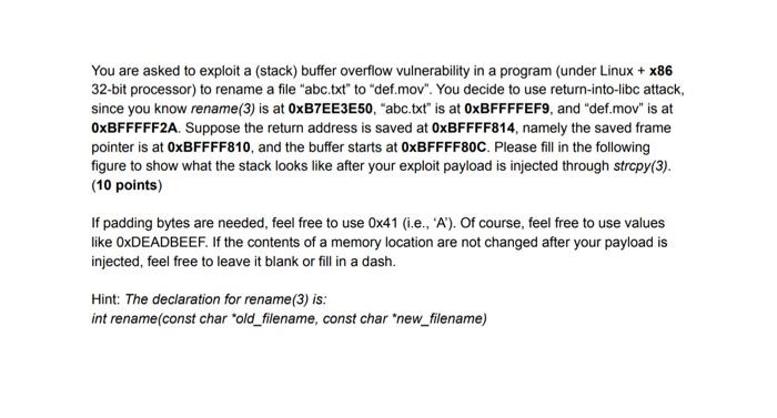 You are asked to exploit a (stack) buffer overflow | Chegg.com