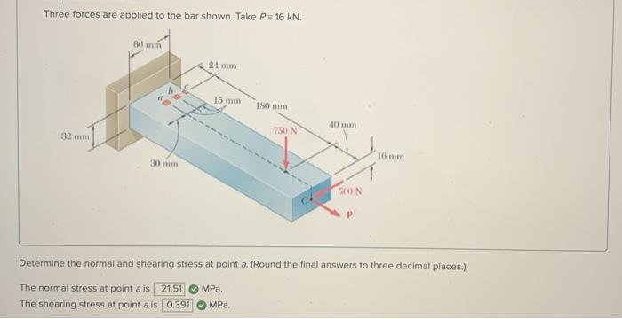 Solved Three forces are applied to the bar shown. Take P=16 | Chegg.com