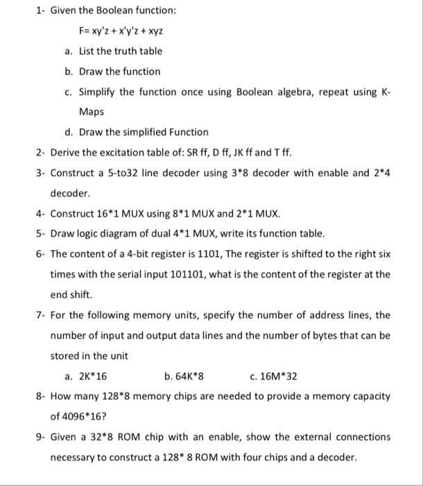 Solved 1. Given the Boolean function: F= xy'z + x'y'z + xyz | Chegg.com