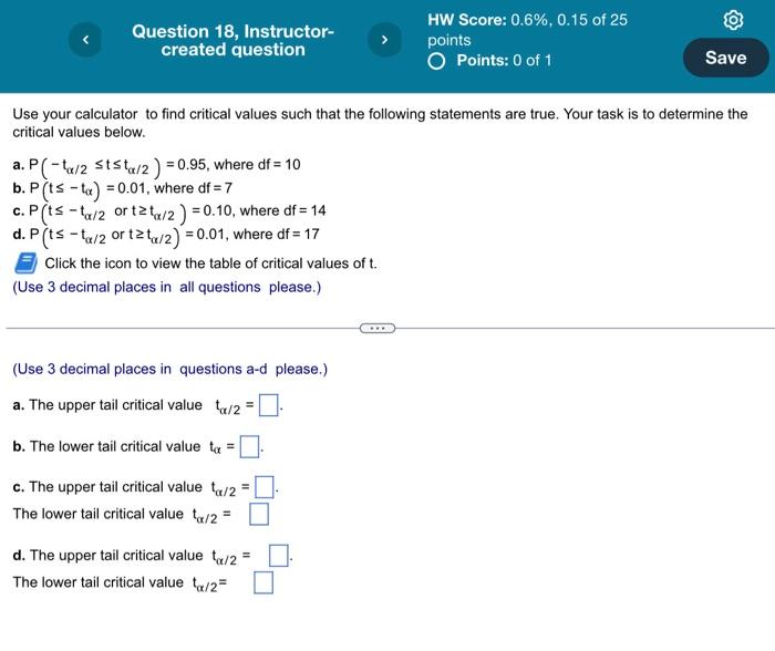 Solved Use your calculator to find critical values such that | Chegg.com