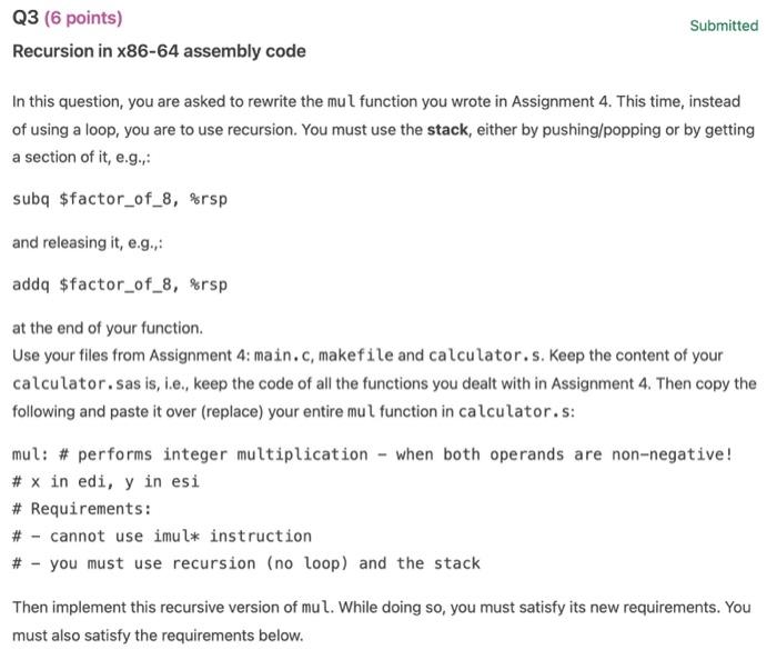 Q3 (6 points) Submitted Recursion in x86−64 assembly | Chegg.com