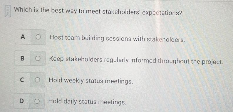 Solved Which is the best way to meet stakeholders' | Chegg.com
