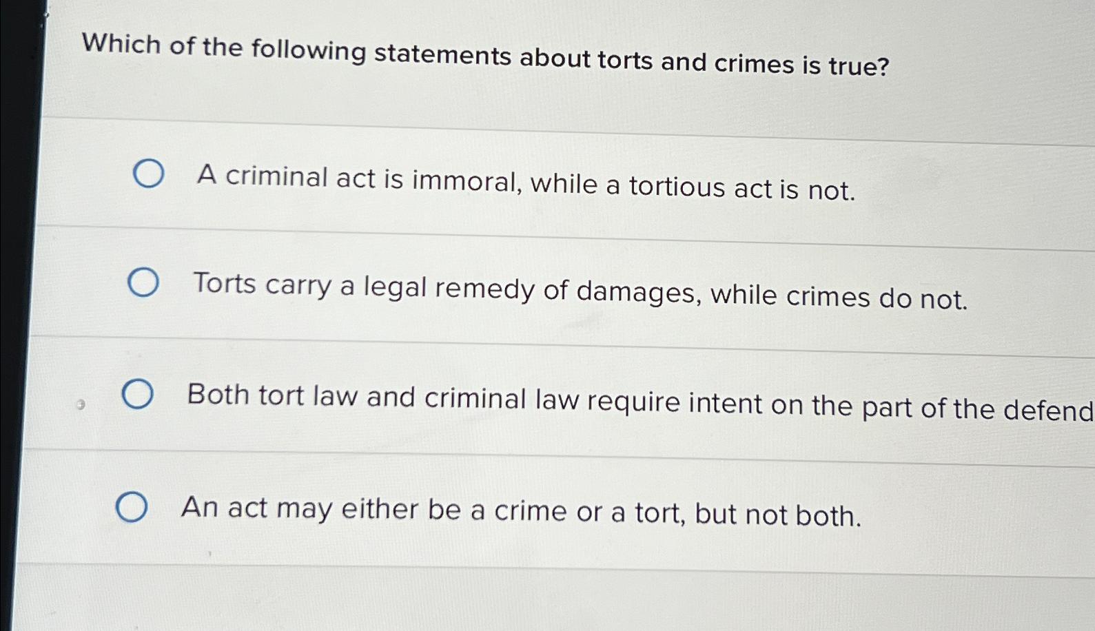 Solved Which of the following statements about torts and | Chegg.com
