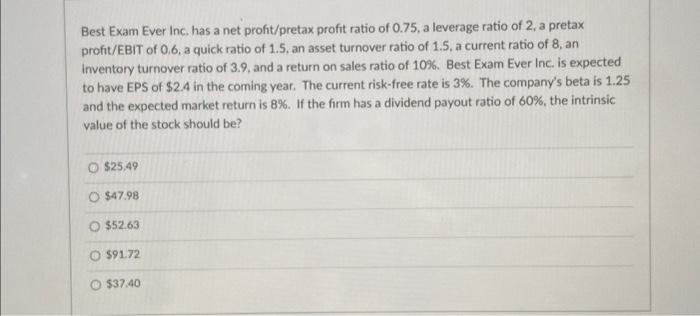 Solved Best Exam Ever Inc. has a net profit/pretax profit | Chegg.com