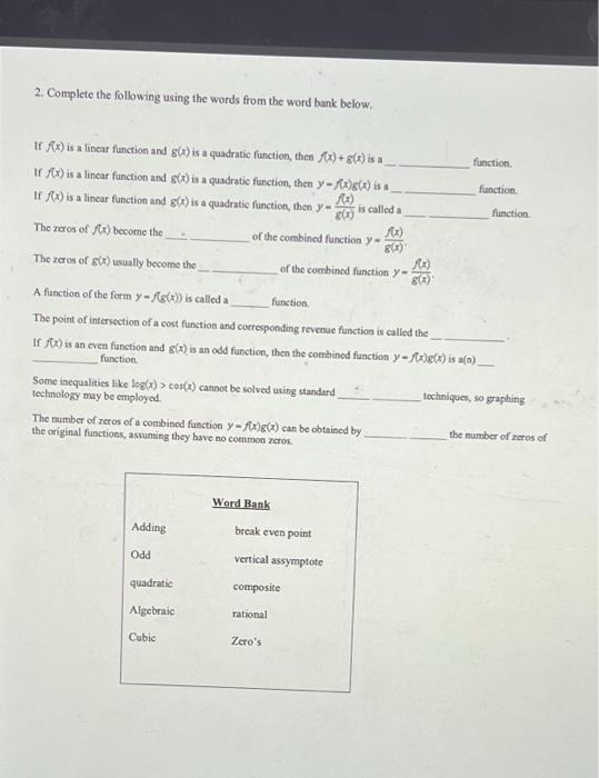 Solved 2. Complete the following using the words from the | Chegg.com