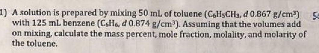 A solution is prepared by mixing 50mL ﻿of toluene | Chegg.com