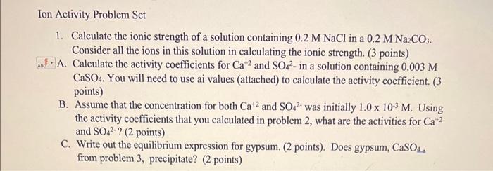 Solved Ion Activity Problem Set 1. Calculate the ionic | Chegg.com