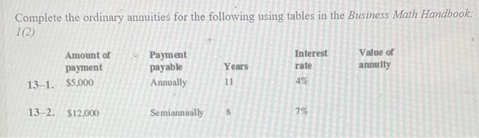 Solved Complete the ordinary annuities for the following | Chegg.com