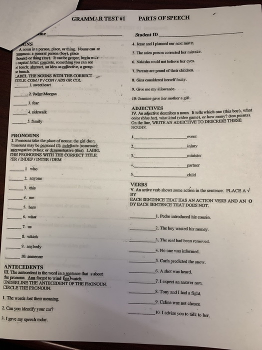 GRAMMAR TEST #1 PARTS OF SPEECH Student ID ONS A noun | Chegg.com