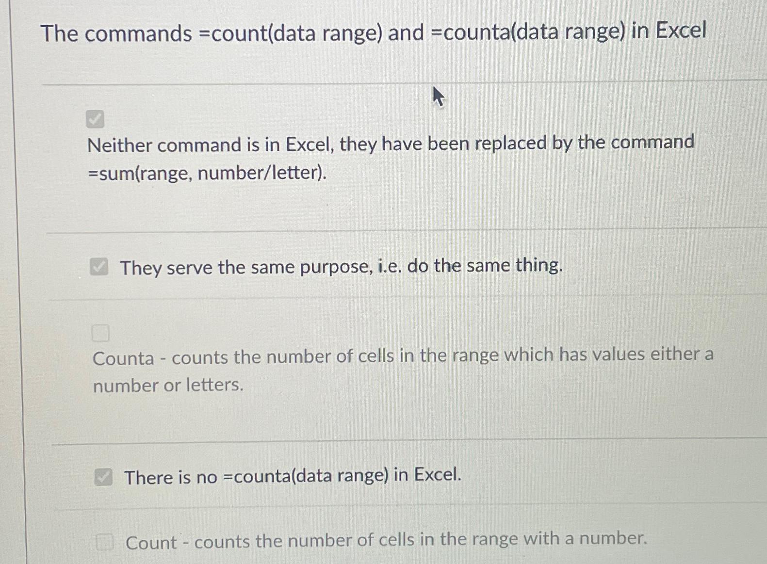 Solved The commands = ﻿count(data range) ﻿and = ﻿counta(data | Chegg.com