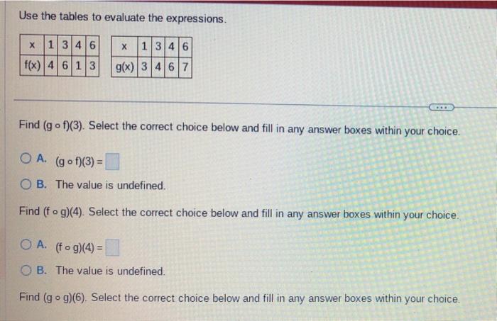Solved Use the tables to evaluate the expressions. Find | Chegg.com