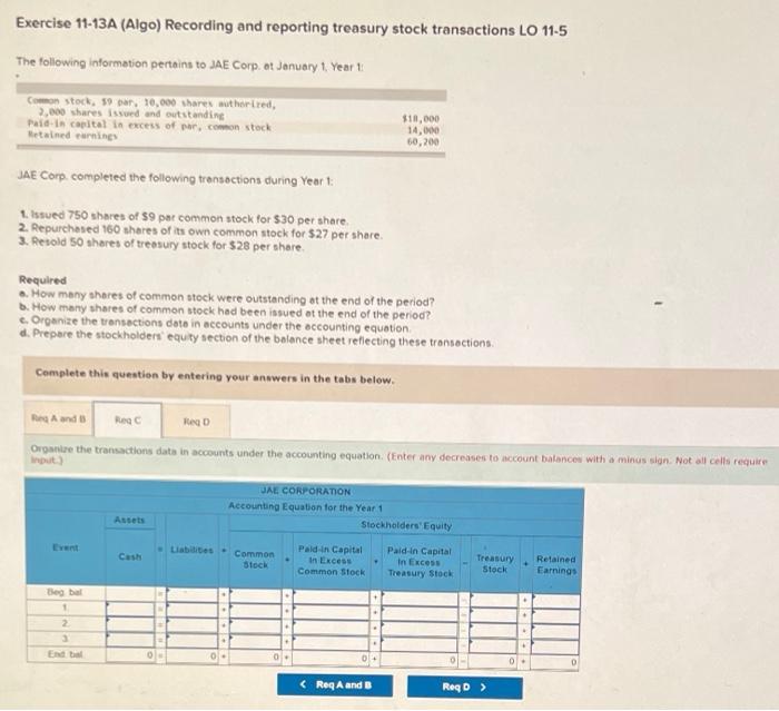 Solved Exercise 11-13A (Algo) Recording and reporting | Chegg.com
