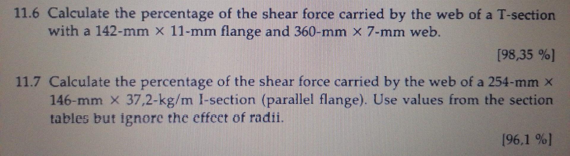 Solved 11.6 Calculate the percentage of the shear force | Chegg.com