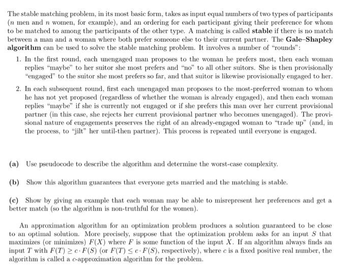 Solved The stable matching problem, in its most basic form, | Chegg.com