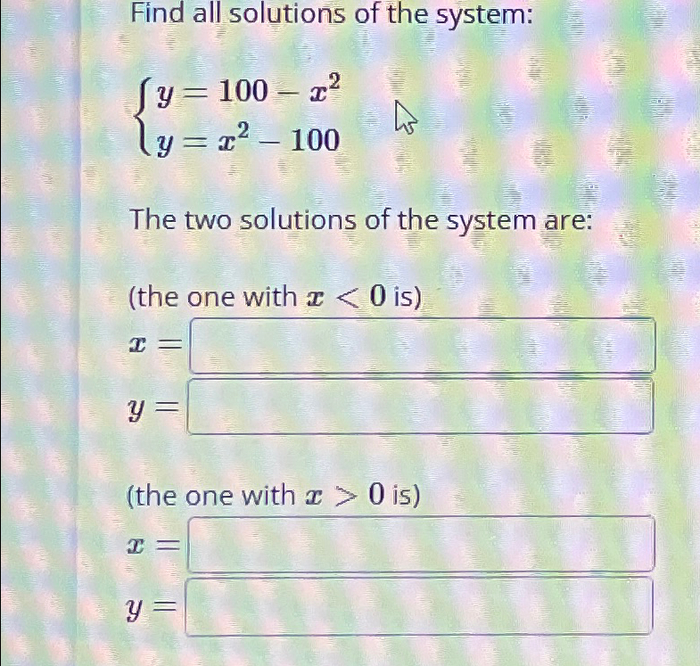 Solved Find all solutions of the system:y=100-x2y=x2-100The | Chegg.com