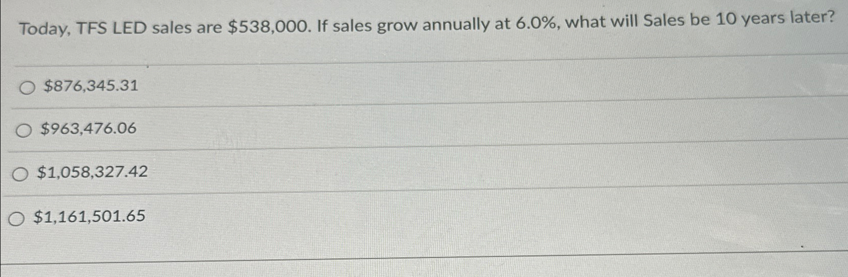 Solved Today, TFS LED sales are $538,000. ﻿If sales grow | Chegg.com