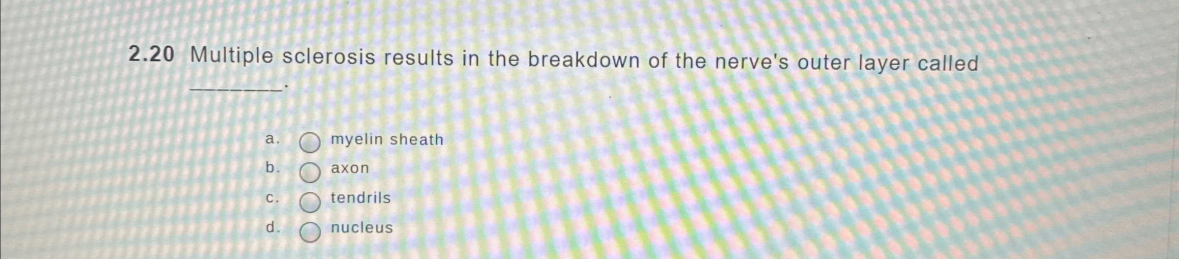 Solved 2.20 ﻿Multiple sclerosis results in the breakdown of | Chegg.com