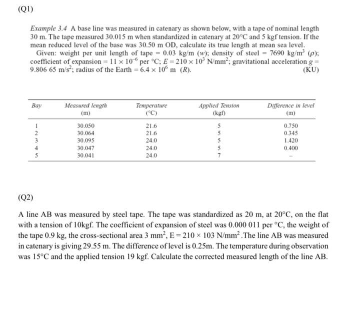 Solved (1) Example 3.4 A base line was measured in catenary | Chegg.com