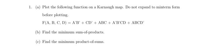Solved 1. (a) Plot the following function on a Karnaugh map. | Chegg.com