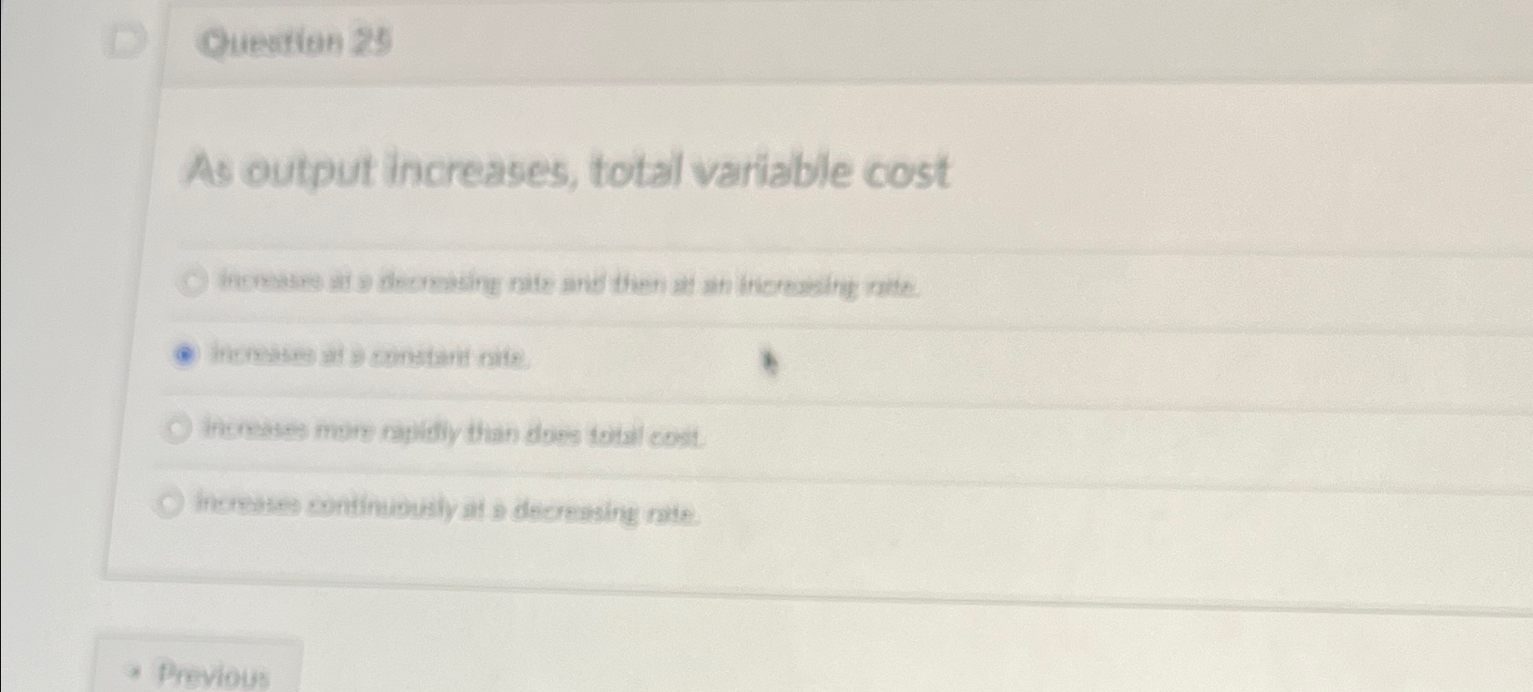 Solved Cuestian 28As output increases, total variable cost | Chegg.com
