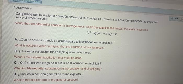 Solved QUESTION 1 Resuelva la siguiente ecuación diferencial | Chegg.com